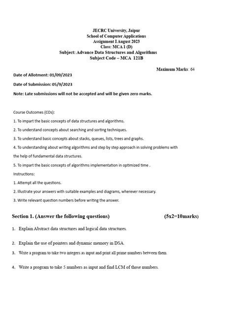 Assignment 1 Mca Id Adsa Pdf Programming Computer Program