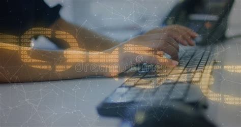 Hands Typing On Keyboard With Digital Data Overlay Focusing On