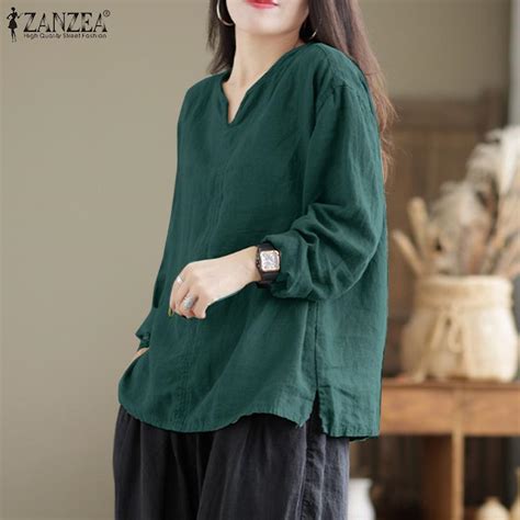 Купити Жіночі повсякденні бавовняні блузки з V подібним вирізом і довгими рукавами Zanzea Joom