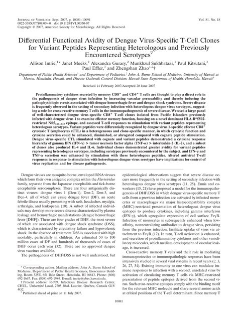 Pdf Differential Functional Avidity Of Dengue Virus Specific T Cell