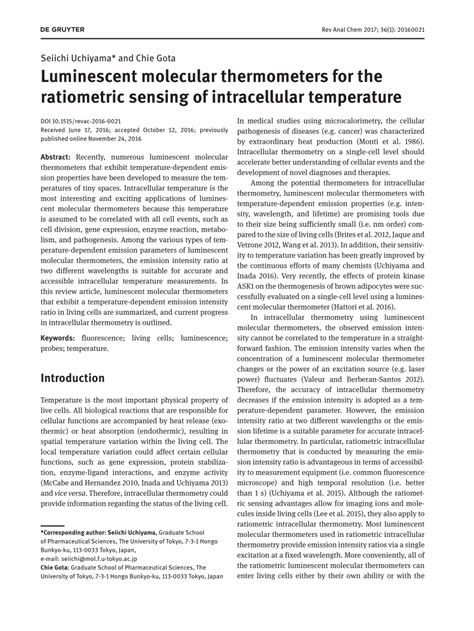 Pdf Luminescent Molecular Thermometers For The Ratiometric Sensing Of Intracellular Temperature