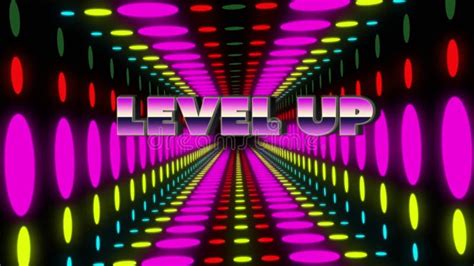 animation of level up text over multicolored circles forming tunnel