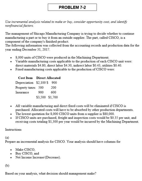 problem 7 2 use incremental analysis related to make or buy consider