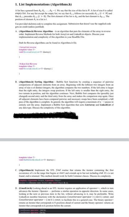 Solved 1 List Implementations Algorithmsh Pusition Of