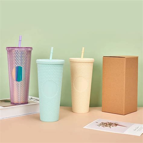 이중 벽 Diy 710ml 24oz 파스텔 컬러 플라스틱 두리안 텀블러 두리안 컵 빨대 및 뚜껑 포함 로고 컵 없음 뚜껑 및