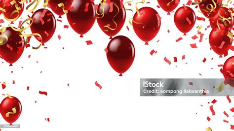 흰색 배경에 색종이 조각이 있는 빨간 풍선 벡터 일러스트 레이 션 3차원 형태에 대한 스톡 벡터 아트 및 기타 이미지 3차원