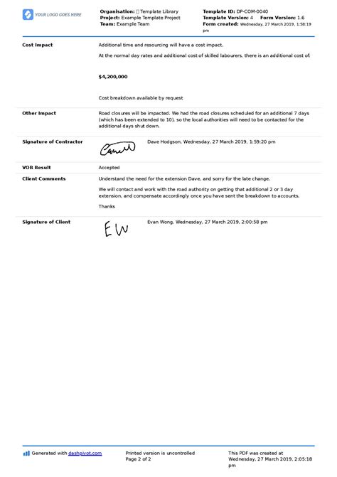 Variation Order Request Template Free And Customisable