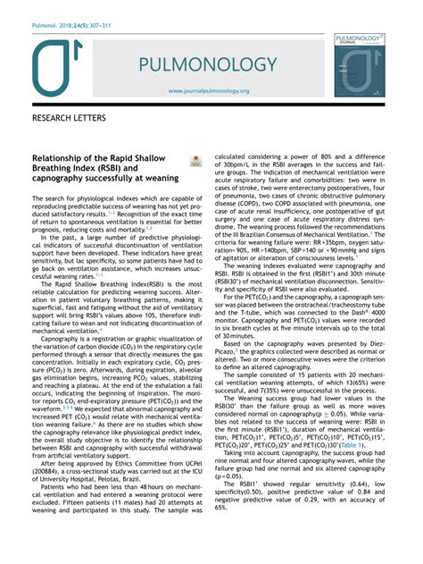Pdf Relationship Of The Rapid Shallow Breathing Index Rsbi And Capnography Successfully At
