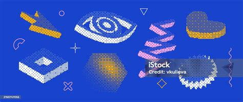 비트맵 픽셀화된 도형 집합입니다 하프톤 기하학적 개체 컬렉션을 디더링합니다 눈 화살표 지그재그 심장 육각형 배너 포스터 전단지에