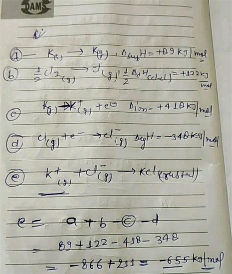 (52.) Construct the Born-Haber cycle mathrm{KCl} and calculate its lattice energy from the ...
