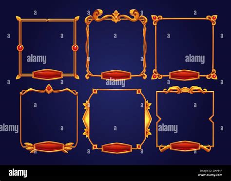 Golden Vintage Game Frames Ui Medieval Square Borders Of Gold Metal With Gems And Red Buttons