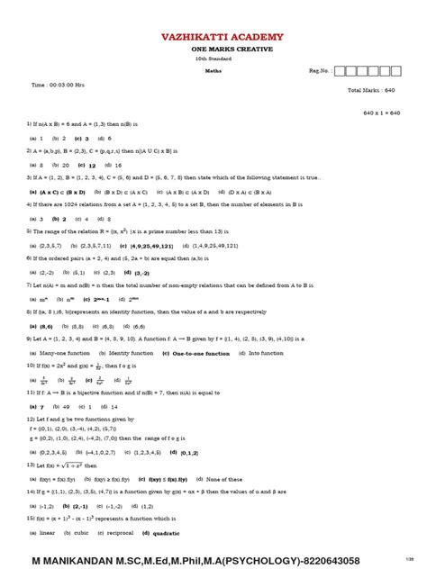 10 Maths One Marks Creative 1 8 Chpter Pdf Function Mathematics Algebra