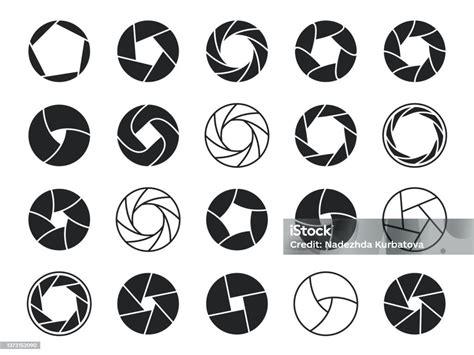 카메라 셔터 아이콘입니다 검은 렌즈 조리개 다른 다이어프램 꽃잎 로모그래피 광학 목표 사진 초점 둥근 표지판 광학 줌 벡터 실루엣 사진 기호 세트 겉창에 대한 스톡 벡터