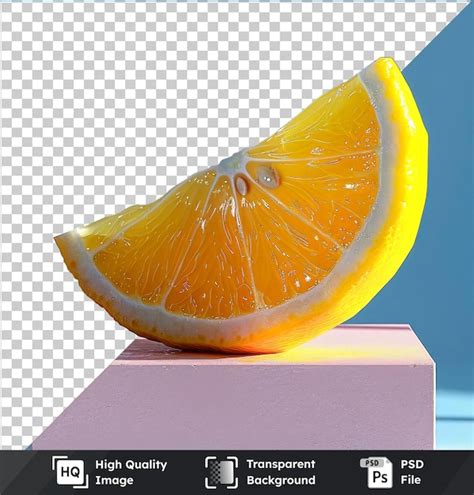 배경에 분홍색 상자와 함께 파란 테이블에 투명한 물체 레몬 슬라이스 Png 클리파트 프리미엄 Ai 생성 Psd