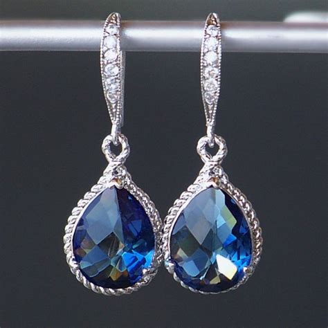Sapphire Blue Crystal Teardrop Earrings Silver Crystal Dangle Earrings