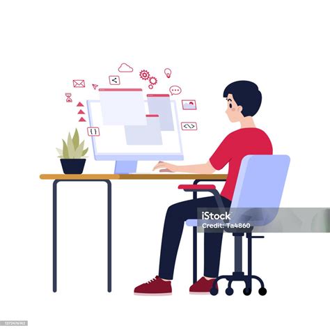 한 청년이 자신의 책상 직장에 앉아 집 개념에서 온라인 프로그램을 작업하는 개인 데스크톱 컴퓨터를 사용하고 있습니다 흰색 배경에서 격리된 벡터 그림입니다 격리에 대한 스톡