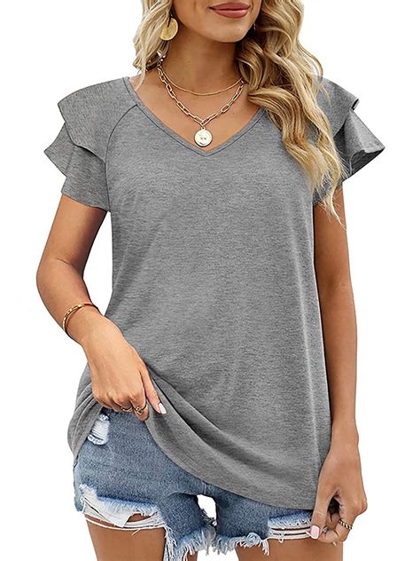 Mifater Womens Summer Chic T Shirts Ruffle Short Sleeve Tops V Neck