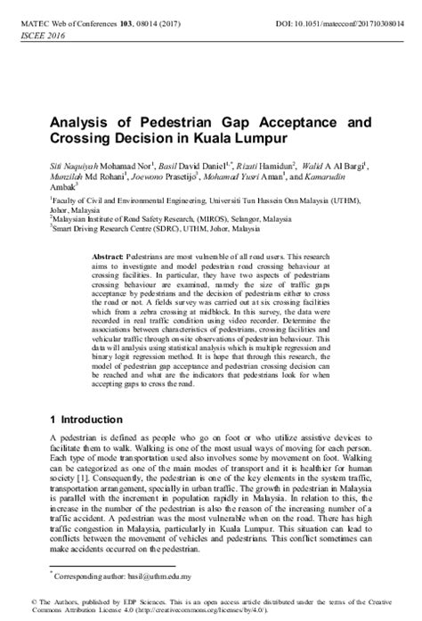 Pdf Analysis Of Pedestrian Gap Acceptance And Crossing Decision In Kuala Lumpur