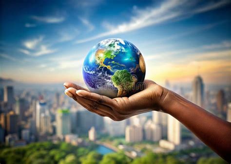 Environment Earth Day A Tiny Earth Planet In The Hands Of A Black Woman Stock Illustration