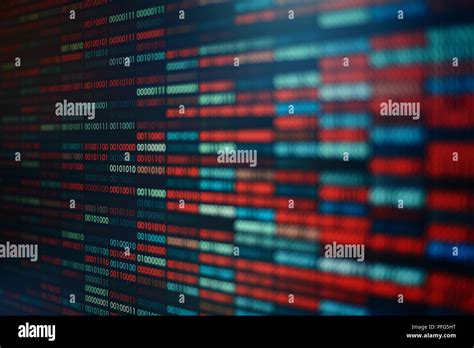 computer virus infection rows of binary codes randomly colored red and