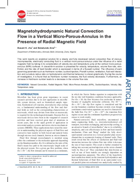 Pdf Magnetohydrodynamic Natural Convection Flow In A Vertical Micro Porous Annulus In The