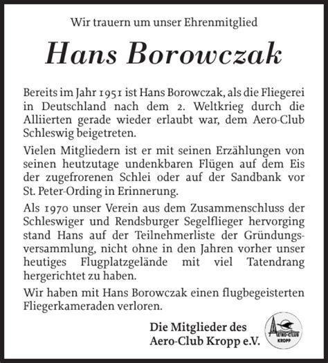 Traueranzeigen Von Hans Borowczak Shz Trauer