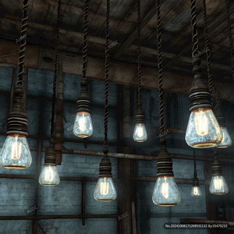 Ai创作图复古灯泡 工业风格装饰灯具 复古照明 仿古照明 老式电灯泡 木屋吊灯 工业风格工厂风格背景 Loft复古灯 复古灯装饰 老式照明设备 复古民国风灯饰 怀旧灯光 古董灯泡 工厂车间灯泡
