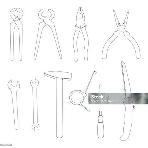 One Continuous Line Set Of Work Tools Wrench Pliers Tongs Ruler Tape