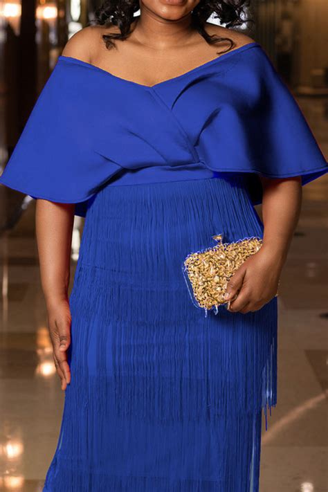 Wholesale Rose Red Elegant Solid Tassel Patchwork V Neck Evening Dress