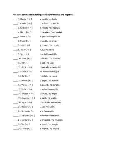Vosotros Commands Matching Practice Affirmative And Negative Teaching Resources