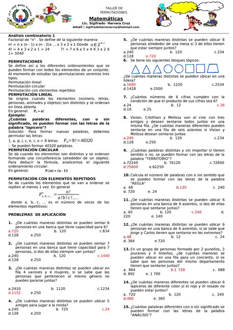 Analisis Combinatorio Permutaciones Matemáticas Lic Siredo