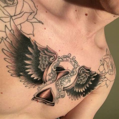 Hourglass With Wings Chest Tattoo