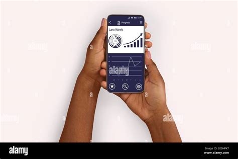 Female Hands Using Phone With Progress Tracker App White Background Stock Photo Alamy