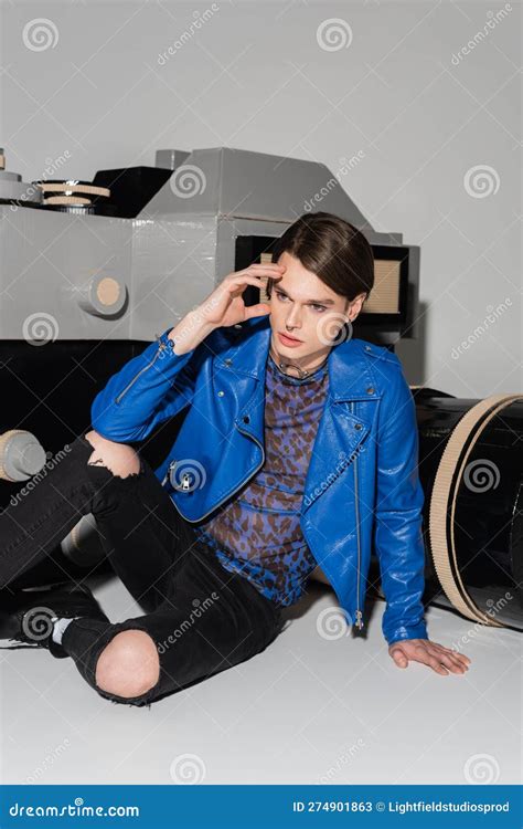 Dreamy Pansexual Person In Blue Leather Stock Image Image Of Lgbtq