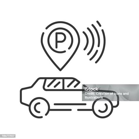 스마트 주차 보조 시스템 컬러 라인 아이콘입니다 자율 주행 개념 지능형 센서는 공원의 여유 공간을 스캔합니다 감지기에 대한 스톡