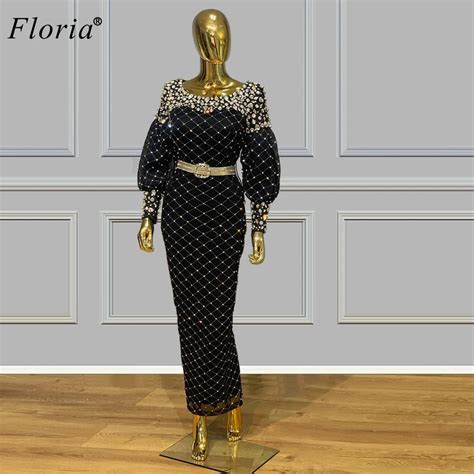 Vestido Gala 아랍어 블랙 칵테일 드레스 2020 인어 크리스탈 무도회 드레스 여성 파티 나이트 포멀 긴 소매 가운