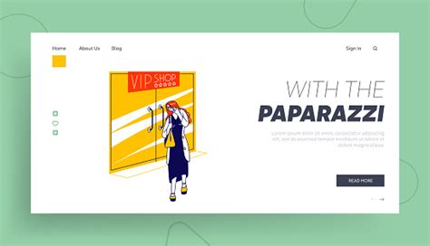 연예인 라이프 스타일 방문 페이지 템플릿입니다 파파라치에서 얼굴을 숨기는 Vip 가게를 떠나는 여성 캐릭터 유명한 여배우 또는 패션 모델은 사진 작가의 관심을 끈다 선형