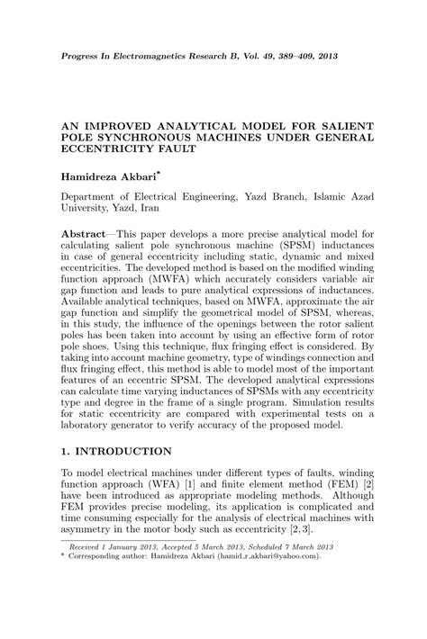 Pdf An Improved Analytical Model For Salient Pole Synchronous Machines Under General