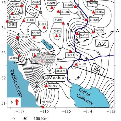 Contour Map Of The Moho Depth Crustal Thickness In Km Based On