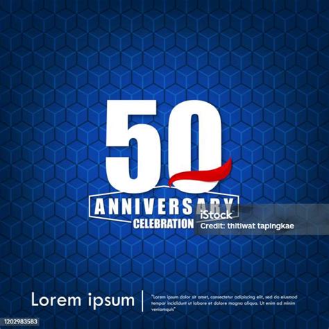 50 주년 기념 헝겊 파란색 배경에 빨간색 리본으로 격리 된 흰색 기념일 로고입니다 웹 전단지 포스터 인사말 및 초대 카드를위한 벡터 일러스트 템플릿 디자인 50주년에 대한