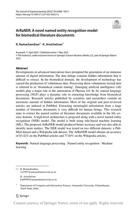 Arraner A Novel Named Entity Recognition Model For Biomedical Literature Documents Request Pdf