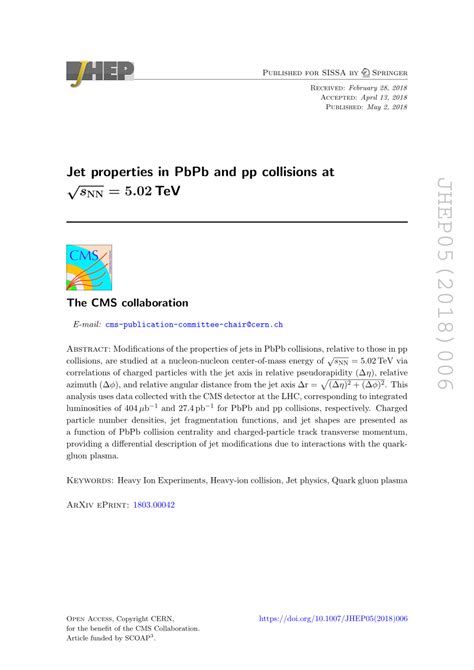 Pdf Jet Properties In Pbpb And Pp Collisions At S N N 502 Sqrt S Mathrm N Mathrm N