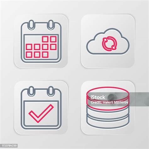라인 데이터베이스 체크 표시가 있는 캘린더 클라우드 동기화 새로 고침 및 아이콘을 설정합니다 벡터 개념에 대한 스톡 벡터 아트 및 기타 이미지 Istock