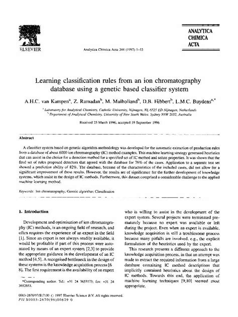 Pdf Learning Classification Rules From An Ion Chromatography Database Using A Genetic Based