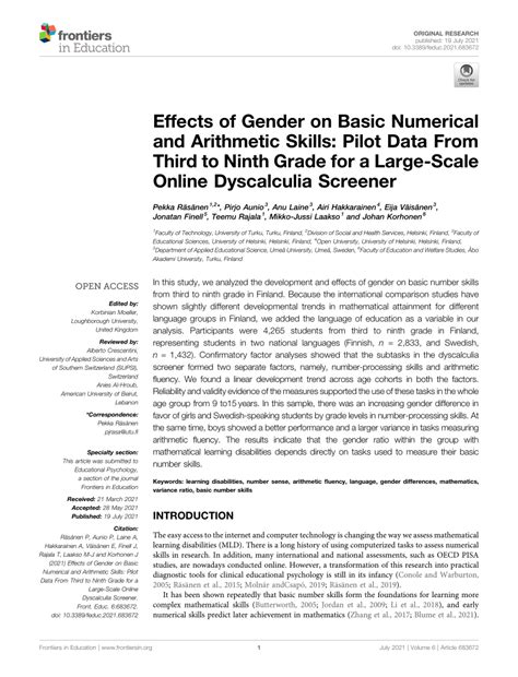 Pdf Effects Of Gender On Basic Numerical And Arithmetic Skills Pilot Data From Third To Ninth