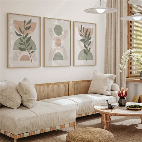 3pcs Boho Chic Wall Art Set Sage Green And Blush Pink Mid Century