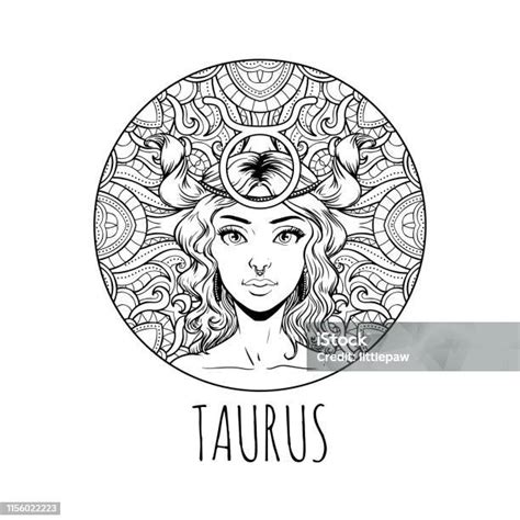 황소 자리 기호 작품 성인 색칠 공부 페이지 아름다운 별자리 기호 소녀 벡터 일러스트 성인에 대한 스톡 벡터 아트 및 기타