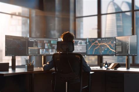 Office Worker Using Multiple Monitors Premium Ai Generated Image