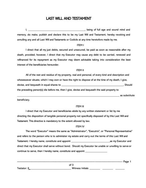 Free Printable Last Will Testament Blank Forms Free Printable Guide