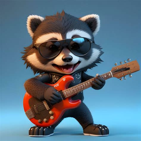 Smart Cat Rockstar 3d Cartoon Raccoon Character With A Guitar And Cool